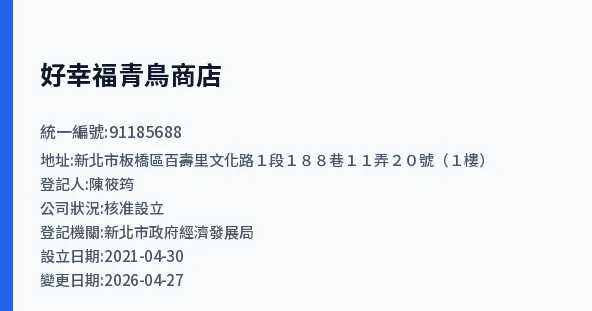 好幸福青鳥商店的照片-統編 91185688(新北市) 公司登記資料與營業項目詳細圖表