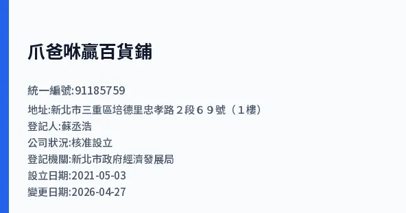 爪爸咻贏百貨鋪的照片-統編 91185759(新北市) 公司登記資料與營業項目詳細圖表