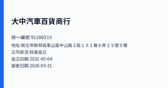 大中汽車百貨商行的照片-統編 91186315(新北市) 公司登記資料與營業項目詳細圖表