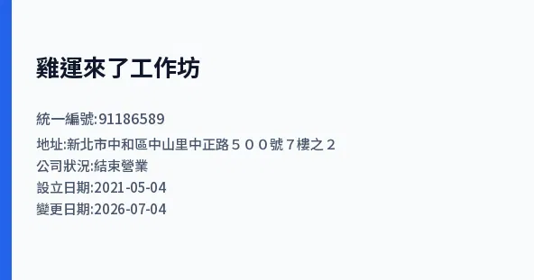 雞運來了工作坊的照片-統編 91186589(新北市) 公司登記資料與營業項目詳細圖表