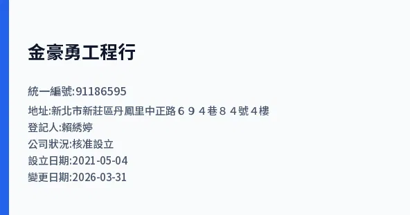 金豪勇工程行的照片-統編 91186595(新北市) 公司登記資料與營業項目詳細圖表