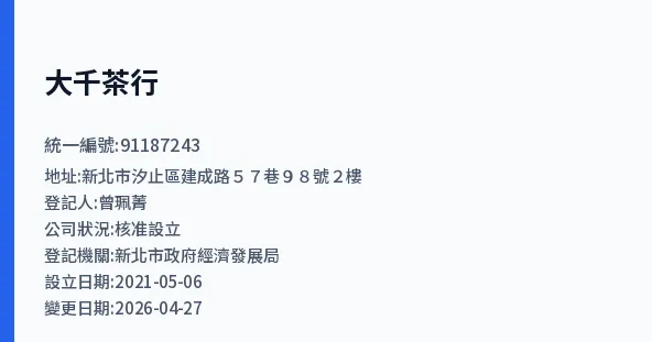 大千茶行的照片-統編 91187243(新北市) 公司登記資料與營業項目詳細圖表