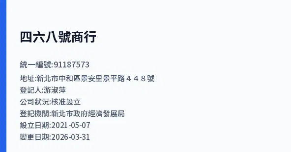 四六八號商行的照片-統編 91187573(新北市) 公司登記資料與營業項目詳細圖表