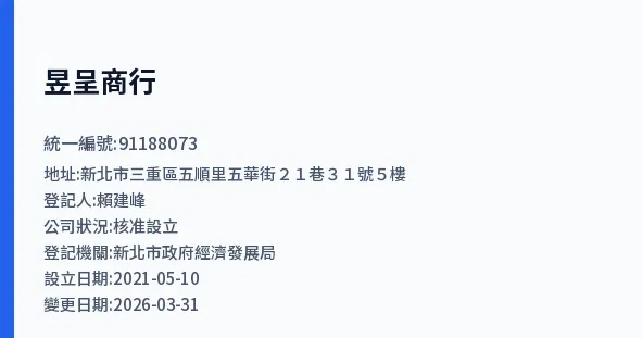 昱呈商行的照片-統編 91188073(新北市) 公司登記資料與營業項目詳細圖表