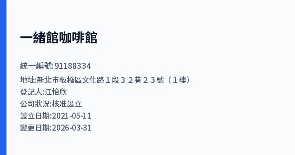 一緒館咖啡館的照片-統編 91188334(新北市) 公司登記資料與營業項目詳細圖表