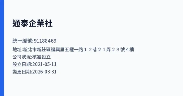 通泰企業社的照片-統編 91188469(新北市) 公司登記資料與營業項目詳細圖表
