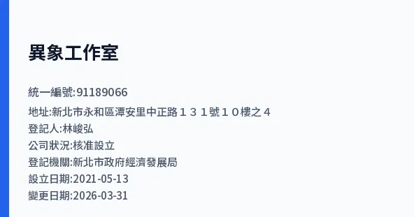 異象工作室的照片-統編 91189066(新北市) 公司登記資料與營業項目詳細圖表