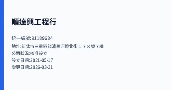 順達興工程行的照片-統編 91189684(新北市) 公司登記資料與營業項目詳細圖表