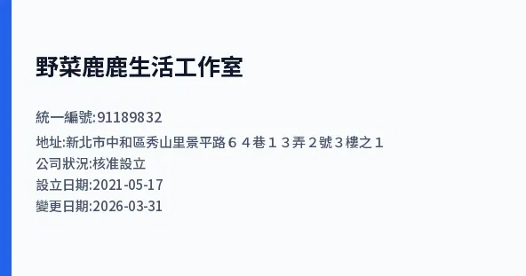 野菜鹿鹿生活工作室的照片-統編 91189832(新北市) 公司登記資料與營業項目詳細圖表