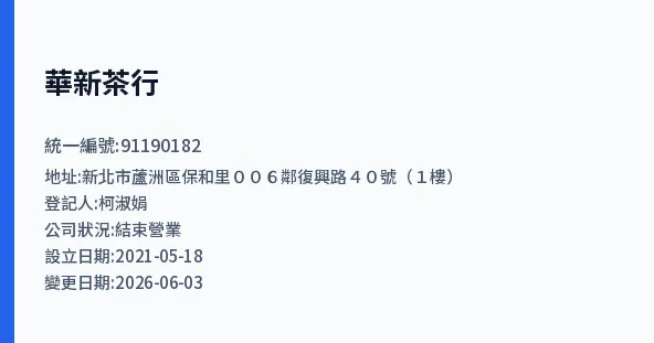 華新茶行的照片-統編 91190182(新北市) 公司登記資料與營業項目詳細圖表