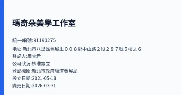 瑪奇朵美學工作室的照片-統編 91190275(新北市) 公司登記資料與營業項目詳細圖表