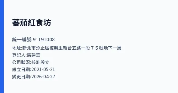 蕃茄紅食坊的照片-統編 91191008(新北市) 公司登記資料與營業項目詳細圖表