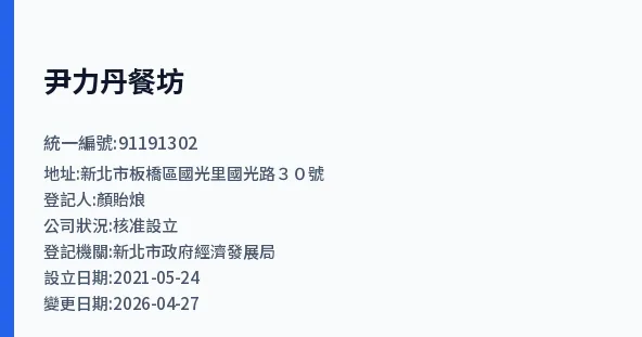 尹力丹餐坊的照片-統編 91191302(新北市) 公司登記資料與營業項目詳細圖表