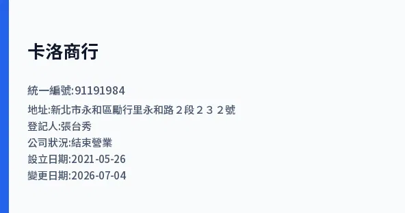 卡洛商行的照片-統編 91191984(新北市) 公司登記資料與營業項目詳細圖表