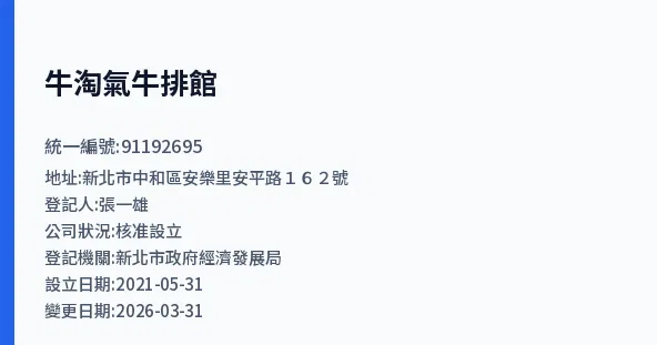 牛淘氣牛排館的照片-統編 91192695(新北市) 公司登記資料與營業項目詳細圖表