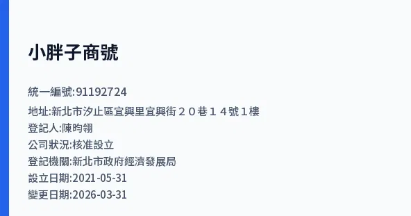 小胖子商號的照片-統編 91192724(新北市) 公司登記資料與營業項目詳細圖表