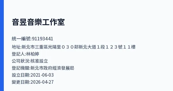 音昱音樂工作室的照片-統編 91193441(新北市) 公司登記資料與營業項目詳細圖表
