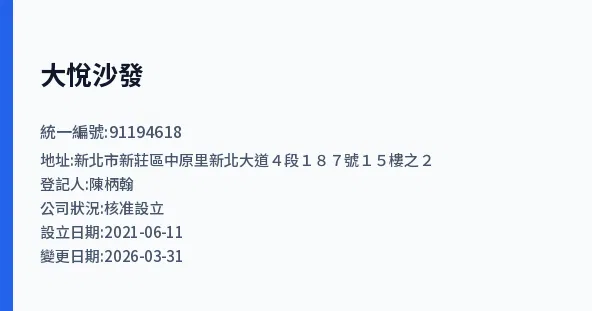 大悅沙發的照片-統編 91194618(新北市) 公司登記資料與營業項目詳細圖表