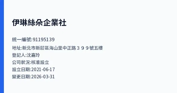 伊琳絲朵企業社的照片-統編 91195139(新北市) 公司登記資料與營業項目詳細圖表