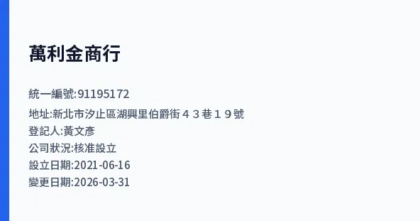 萬利金商行的照片-統編 91195172(新北市) 公司登記資料與營業項目詳細圖表