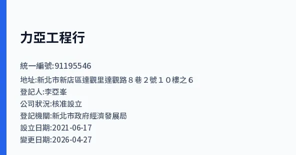 力亞工程行的照片-統編 91195546(新北市) 公司登記資料與營業項目詳細圖表