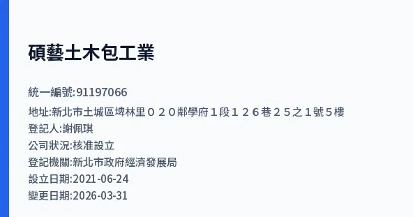 碩藝土木包工業的照片-統編 91197066(新北市) 公司登記資料與營業項目詳細圖表