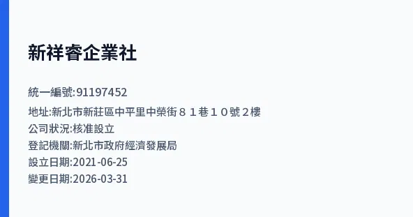 新祥睿企業社的照片-統編 91197452(新北市) 公司登記資料與營業項目詳細圖表