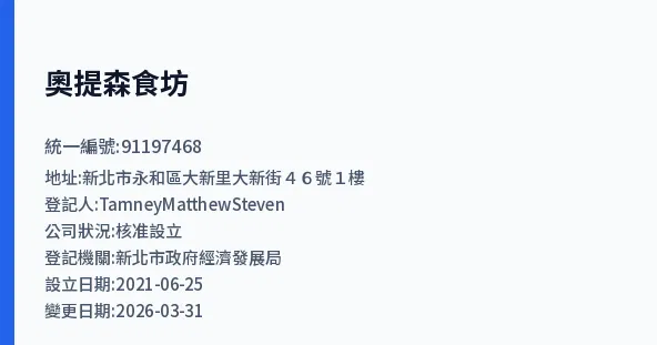 奧提森食坊的照片-統編 91197468(新北市) 公司登記資料與營業項目詳細圖表