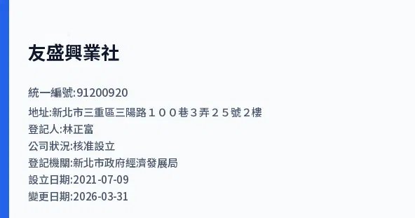 友盛興業社的照片-統編 91200920(新北市) 公司登記資料與營業項目詳細圖表