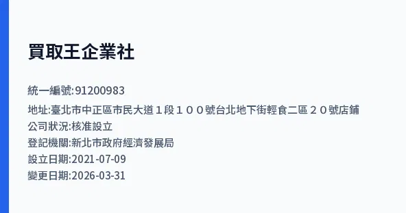 買取王企業社的照片-統編 91200983(臺北市) 公司登記資料與營業項目詳細圖表