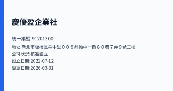 慶優盈企業社的照片-統編 91201300(新北市) 公司登記資料與營業項目詳細圖表