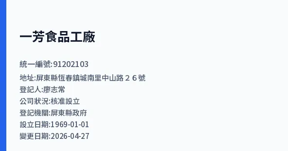 一芳食品工廠的照片-統編 91202103(屏東縣) 公司登記資料與營業項目詳細圖表