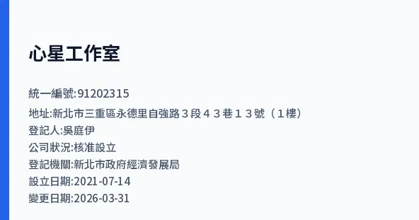 心星工作室的照片-統編 91202315(新北市) 公司登記資料與營業項目詳細圖表