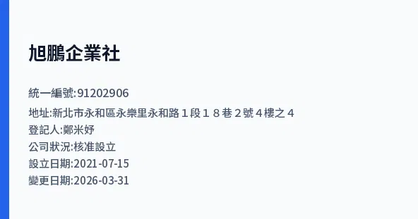 旭鵬企業社的照片-統編 91202906(新北市) 公司登記資料與營業項目詳細圖表