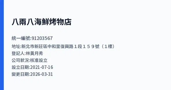 八兩八海鮮烤物店的照片-統編 91203567(新北市) 公司登記資料與營業項目詳細圖表
