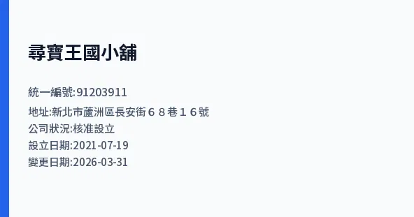 尋寶王國小舖的照片-統編 91203911(新北市) 公司登記資料與營業項目詳細圖表