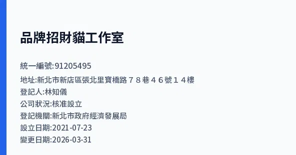 品牌招財貓工作室的照片-統編 91205495(新北市) 公司登記資料與營業項目詳細圖表