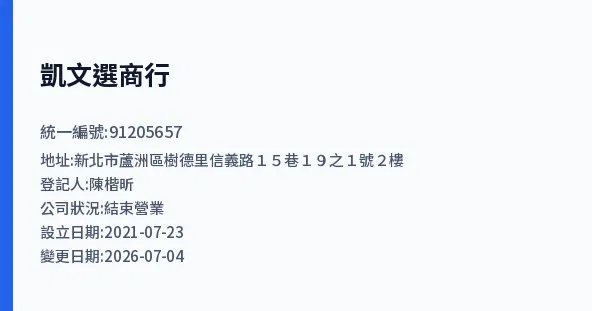 凱文選商行的照片-統編 91205657(新北市) 公司登記資料與營業項目詳細圖表