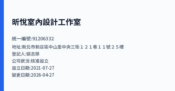 昕悅室內設計工作室的照片-統編 91206332(新北市) 公司登記資料與營業項目詳細圖表