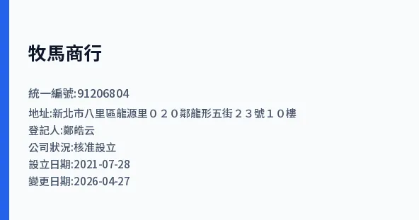 牧馬商行的照片-統編 91206804(新北市) 公司登記資料與營業項目詳細圖表