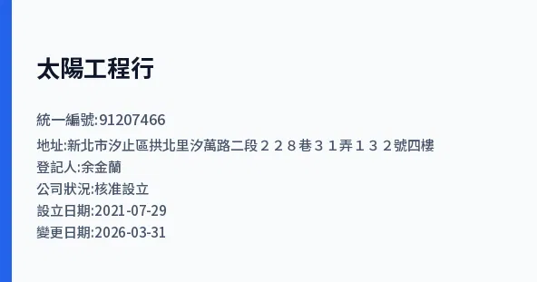太陽工程行的照片-統編 91207466(新北市) 公司登記資料與營業項目詳細圖表