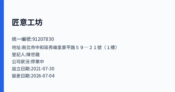 匠意工坊的照片-統編 91207830(新北市) 公司登記資料與營業項目詳細圖表