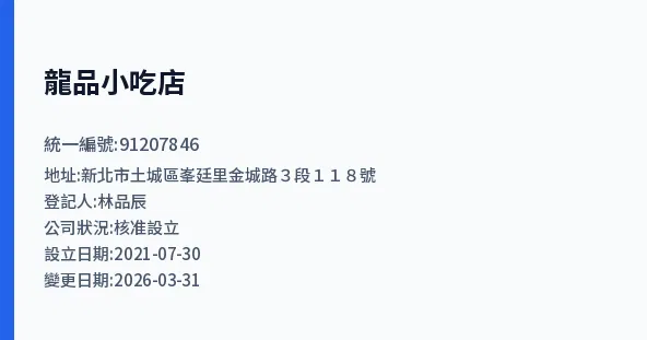 龍品小吃店的照片-統編 91207846(新北市) 公司登記資料與營業項目詳細圖表