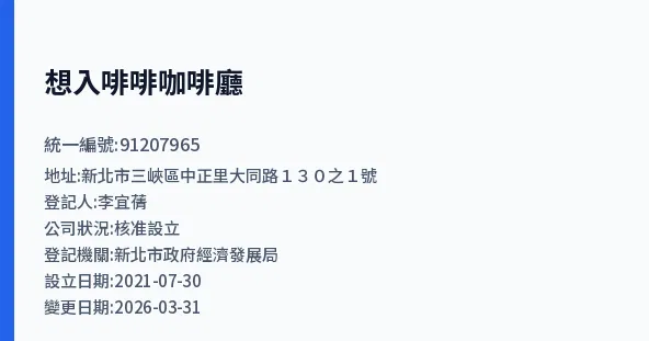 想入啡啡咖啡廳的照片-統編 91207965(新北市) 公司登記資料與營業項目詳細圖表