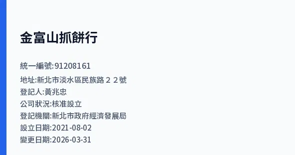 金富山抓餅行的照片-統編 91208161(新北市) 公司登記資料與營業項目詳細圖表