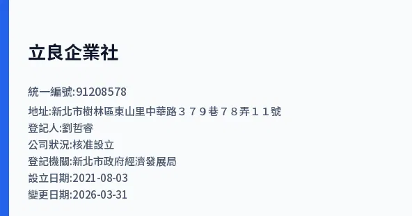 立良企業社的照片-統編 91208578(新北市) 公司登記資料與營業項目詳細圖表