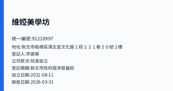 維婭美學坊的照片-統編 91210997(新北市) 公司登記資料與營業項目詳細圖表