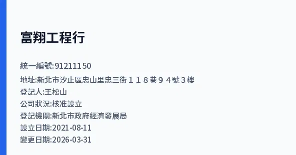 富翔工程行的照片-統編 91211150(新北市) 公司登記資料與營業項目詳細圖表
