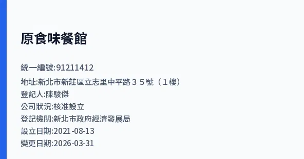 原食味餐館的照片-統編 91211412(新北市) 公司登記資料與營業項目詳細圖表