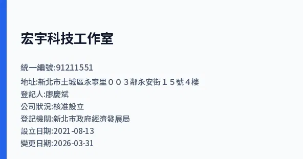 宏宇科技工作室的照片-統編 91211551(新北市) 公司登記資料與營業項目詳細圖表